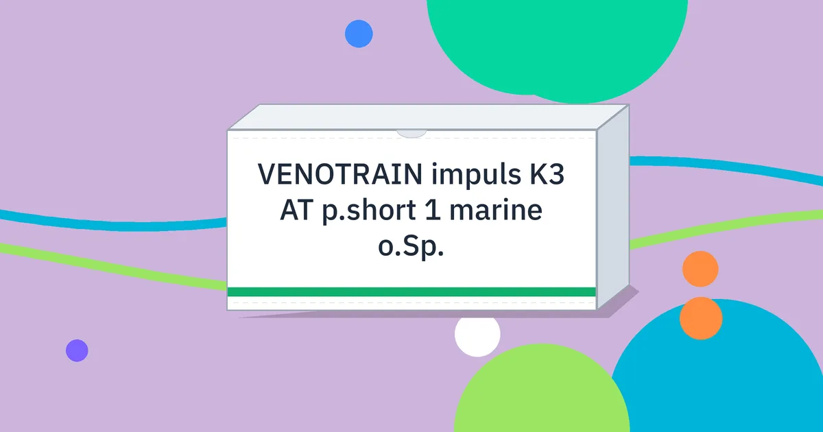 Symbolbild: Packung mit der Aufschrift VENOTRAIN impuls K3 AT p.short 1 marine o.Sp. (PZN 19355935) – Verfügbarkeit und Bezug in Apotheken in Frankfurt am Main