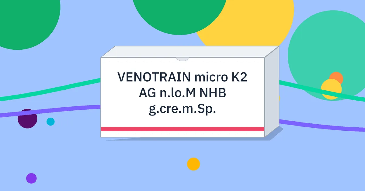 Symbolbild: Packung mit der Aufschrift VENOTRAIN micro K2 AG n.lo.M NHB g.cre.m.Sp. (PZN 05999020) – Verfügbarkeit und Bezug in Apotheken in Frankfurt am Main
