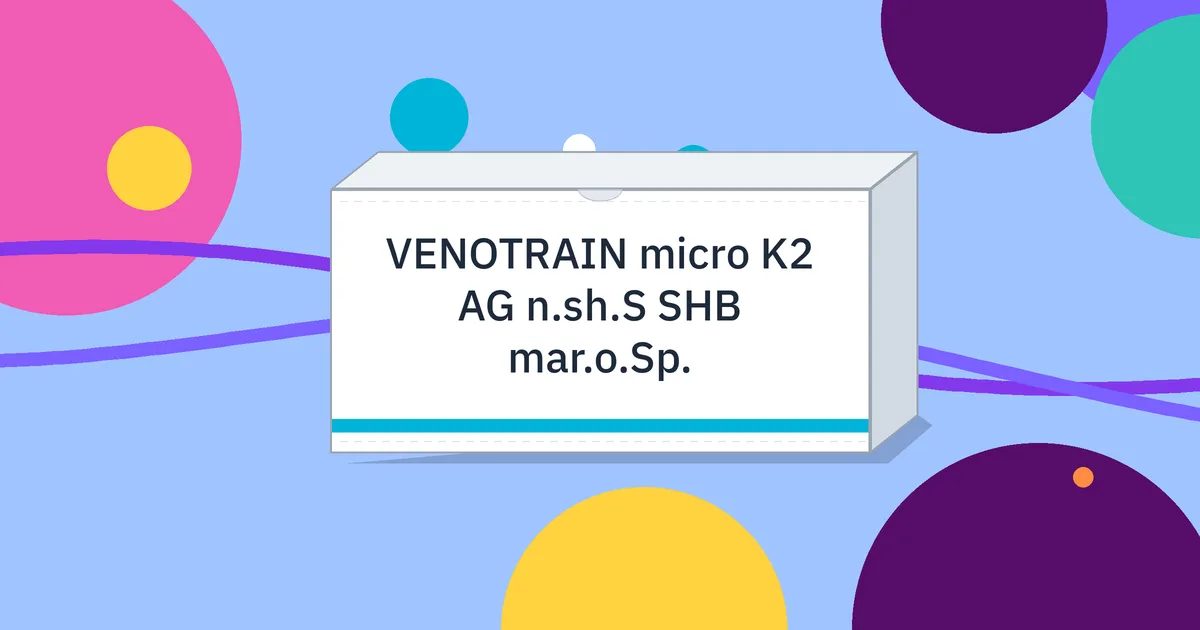 Symbolbild: Packung mit der Aufschrift VENOTRAIN micro K2 AG n.sh.S SHB mar.o.Sp. (PZN 06307484) – Verfügbarkeit und Bezug in Apotheken in Frankfurt am Main