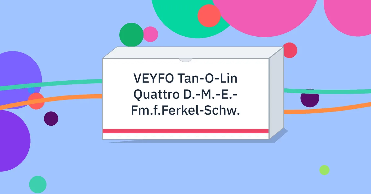 Symbolbild: Packung mit der Aufschrift VEYFO Tan-O-Lin Quattro D.-M.-E.-Fm.f.Ferkel-Schw. (PZN 18378897) – Verfügbarkeit und Bezug in Apotheken in Frankfurt am Main