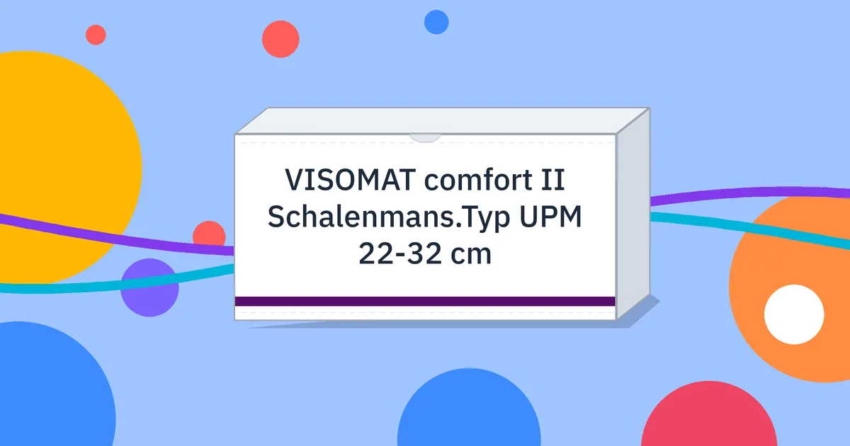 Symbolbild: Packung mit der Aufschrift VISOMAT comfort II Schalenmans.Typ UPM 22-32 cm (PZN 00554916) – Verfügbarkeit und Bezug in Apotheken in Frankfurt am Main