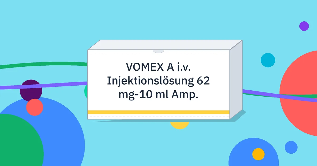 Symbolbild: Packung mit der Aufschrift VOMEX A i.v. Injektionslösung 62 mg-10 ml Amp. (PZN 01116414) – Verfügbarkeit und Bezug in Apotheken in Frankfurt am Main