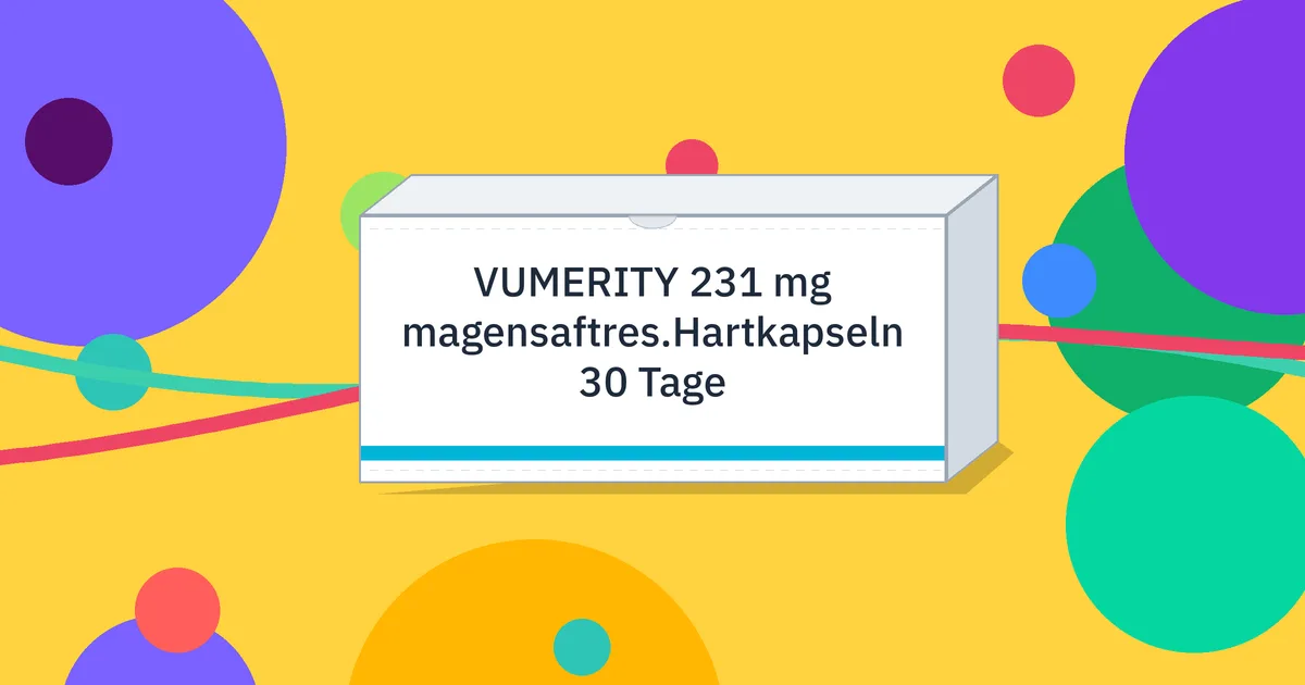 Symbolbild: Packung mit der Aufschrift VUMERITY 231 mg magensaftres.Hartkapseln 30 Tage (PZN 17538301) – Verfügbarkeit und Bezug in Apotheken in Frankfurt am Main