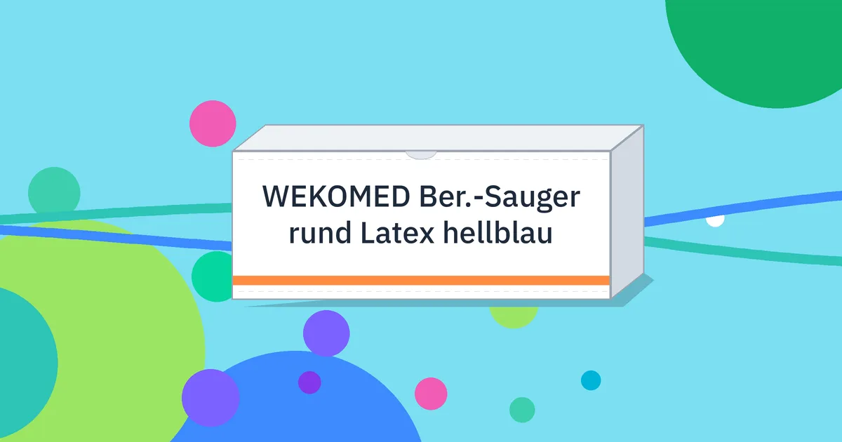 Symbolbild: Packung mit der Aufschrift WEKOMED Ber.-Sauger rund Latex hellblau (PZN 03322371) – Verfügbarkeit und Bezug in Apotheken in Frankfurt am Main