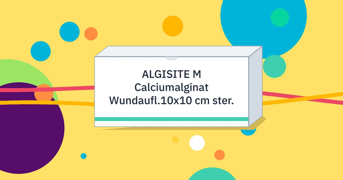 Symbolbild: Packung mit der Aufschrift ALGISITE M Calciumalginat Wundaufl.10x10 cm ster. (PZN 08798670) – Verfügbarkeit und Bezug in Apotheken in Frankfurt am Main