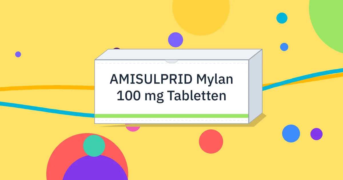 Symbolbild: Packung mit der Aufschrift AMISULPRID Mylan 100 mg Tabletten (PZN 10823731) – Verfügbarkeit und Bezug in Apotheken in Frankfurt am Main