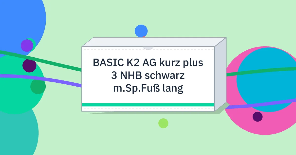 Symbolbild: Packung mit der Aufschrift BASIC K2 AG kurz plus 3 NHB schwarz m.Sp.Fuß lang (PZN 20267076) – Verfügbarkeit und Bezug in Apotheken in Frankfurt am Main