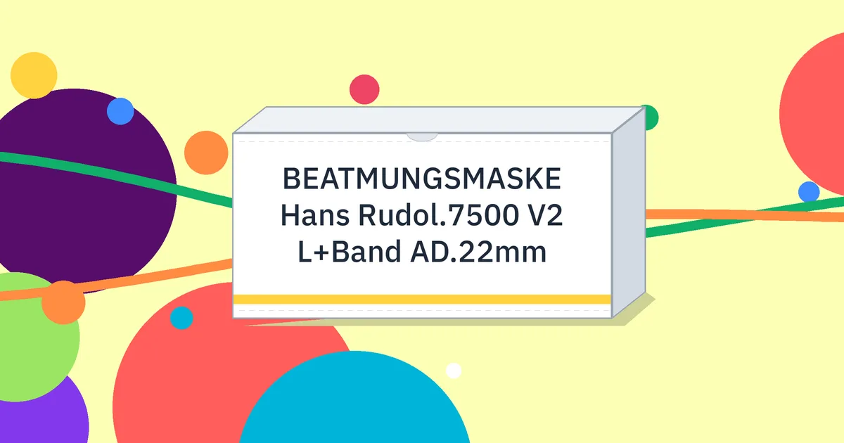 Symbolbild: Packung mit der Aufschrift BEATMUNGSMASKE Hans Rudol.7500 V2 L+Band AD.22mm (PZN 17303207) – Verfügbarkeit und Bezug in Apotheken in Frankfurt am Main