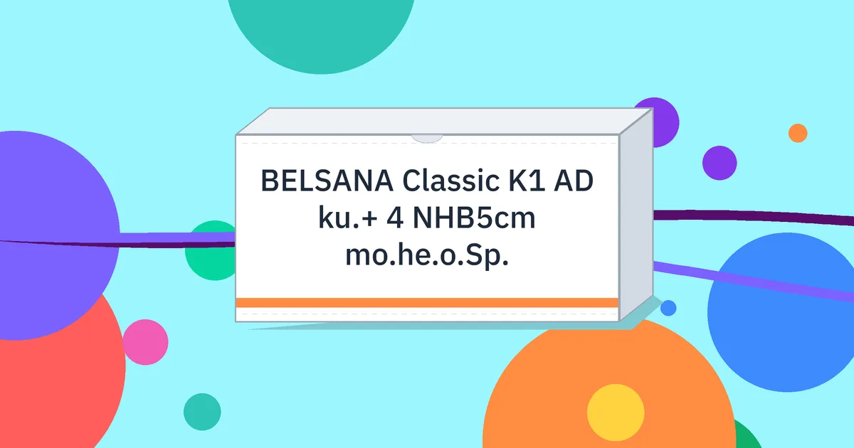 Symbolbild: Packung mit der Aufschrift BELSANA Classic K1 AD ku.+ 4 NHB5cm mo.he.o.Sp. (PZN 19256050) – Verfügbarkeit und Bezug in Apotheken in Frankfurt am Main