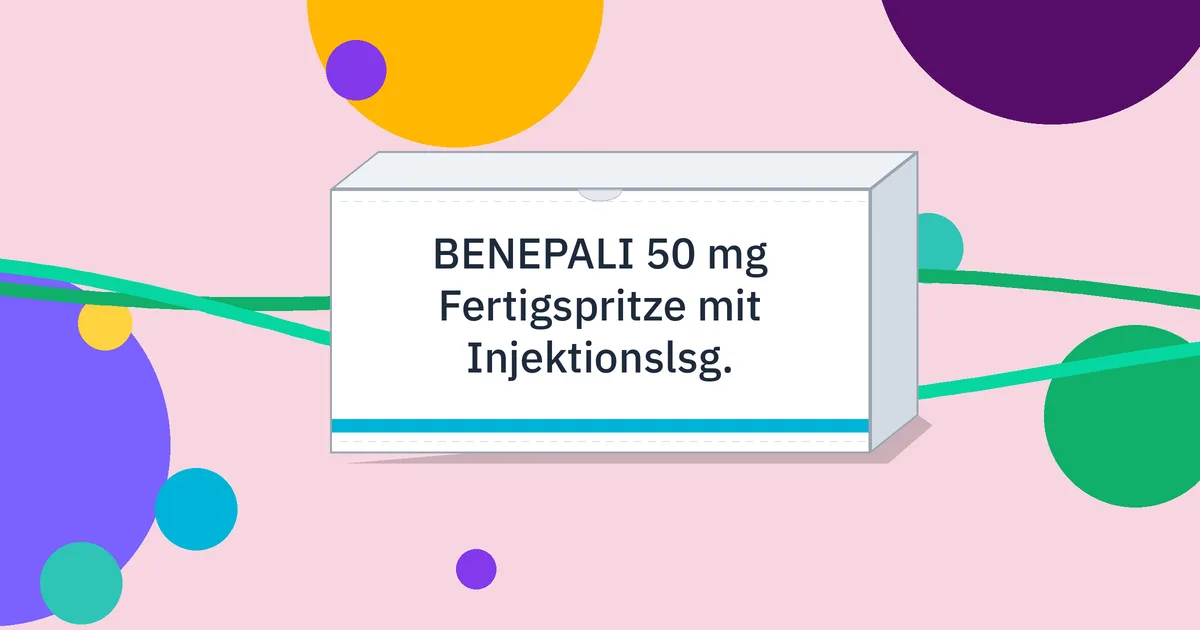 Symbolbild: Packung mit der Aufschrift BENEPALI 50 mg Fertigspritze mit Injektionslsg. (PZN 12378850) – Verfügbarkeit und Bezug in Apotheken in Frankfurt am Main