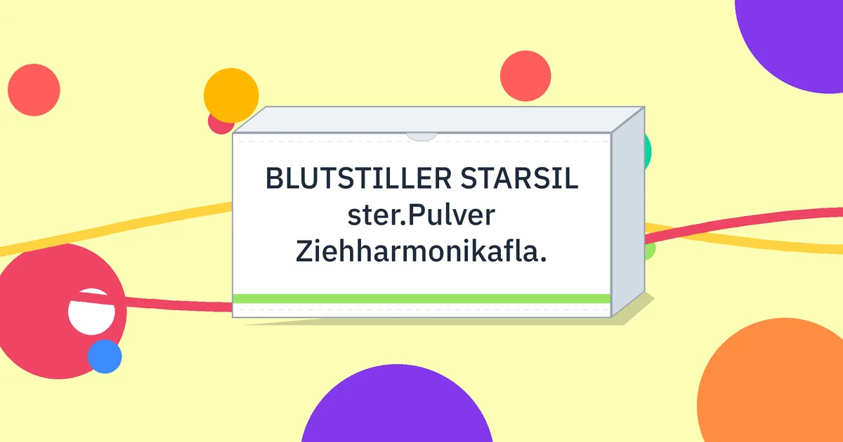 Symbolbild: Packung mit der Aufschrift BLUTSTILLER STARSIL ster.Pulver Ziehharmonikafla. (PZN 16017830) – Verfügbarkeit und Bezug in Apotheken in Frankfurt am Main