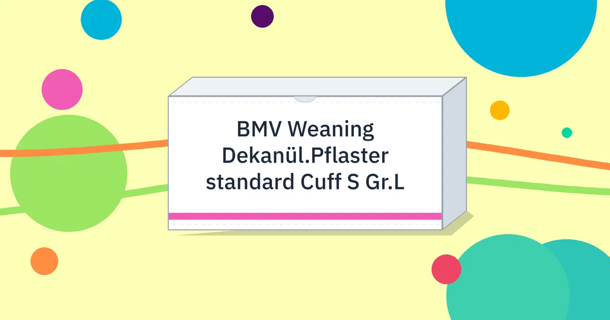 Symbolbild: Packung mit der Aufschrift BMV Weaning Dekanül.Pflaster standard Cuff S Gr.L (PZN 16608531) – Verfügbarkeit und Bezug in Apotheken in Frankfurt am Main