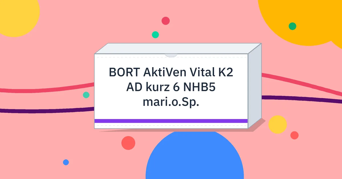 Symbolbild: Packung mit der Aufschrift BORT AktiVen Vital K2 AD kurz 6 NHB5 mari.o.Sp. (PZN 17494609) – Verfügbarkeit und Bezug in Apotheken in Frankfurt am Main