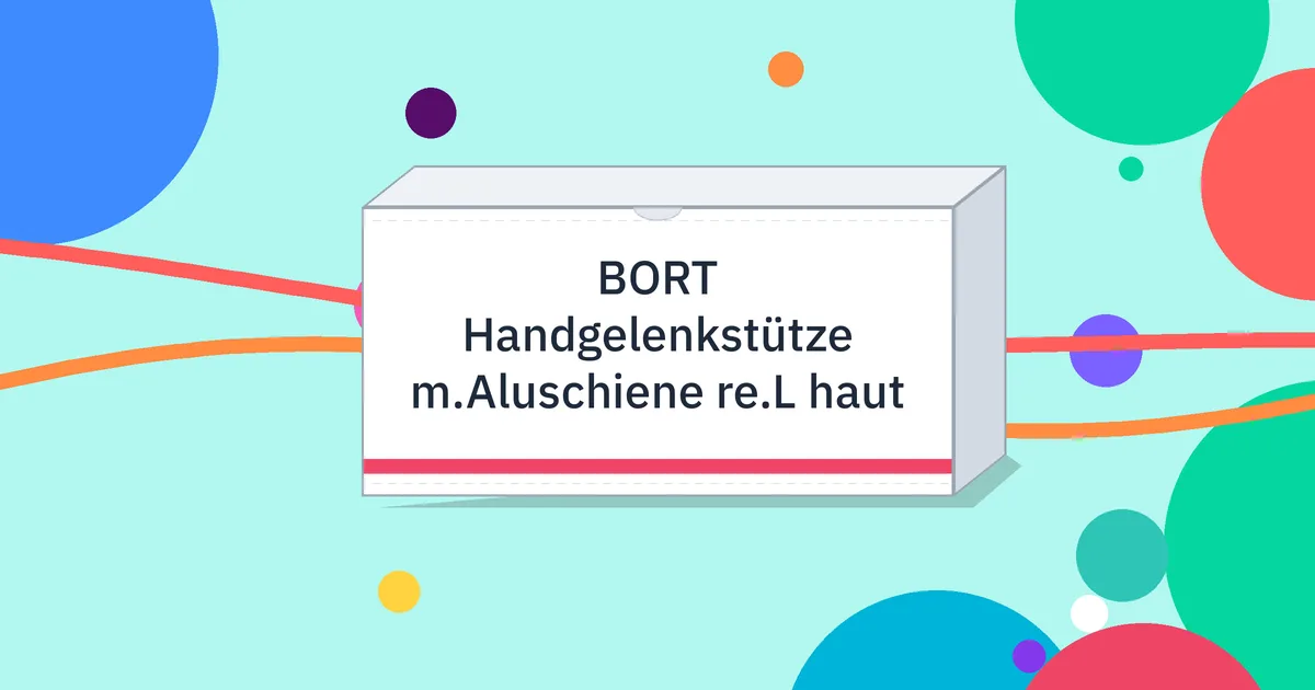 Symbolbild: Packung mit der Aufschrift BORT Handgelenkstütze m.Aluschiene re.L haut (PZN 02688101) – Verfügbarkeit und Bezug in Apotheken in Frankfurt am Main