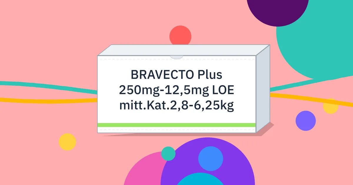 Symbolbild: Packung mit der Aufschrift BRAVECTO Plus 250mg-12,5mg LOE mitt.Kat.2,8-6,25kg (PZN 15406713) – Verfügbarkeit und Bezug in Apotheken in Frankfurt am Main