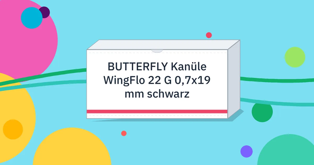 Symbolbild: Packung mit der Aufschrift BUTTERFLY Kanüle WingFlo 22 G 0,7x19 mm schwarz (PZN 18054953) – Verfügbarkeit und Bezug in Apotheken in Frankfurt am Main