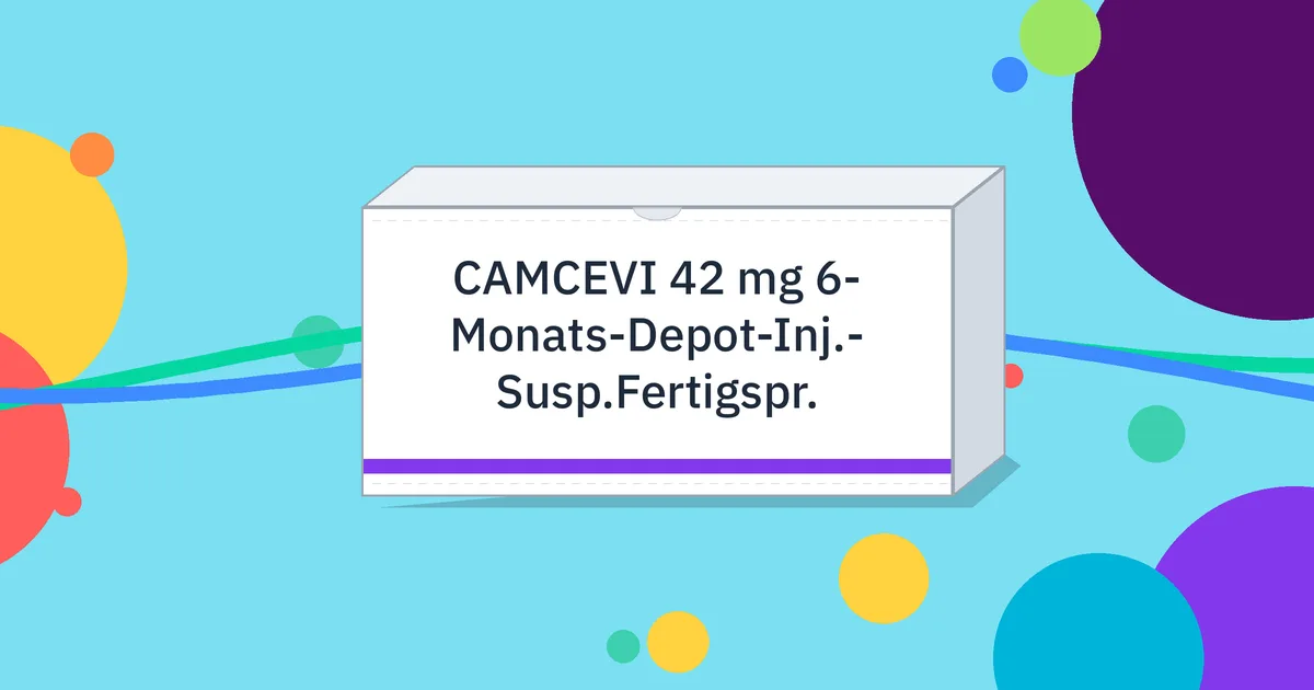 Symbolbild: Packung mit der Aufschrift CAMCEVI 42 mg 6-Monats-Depot-Inj.-Susp.Fertigspr. (PZN 20629651) – Verfügbarkeit und Bezug in Apotheken in Frankfurt am Main