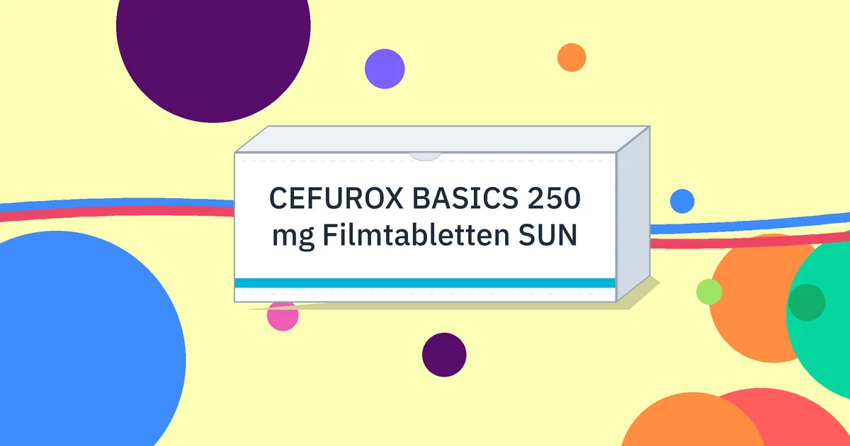 Symbolbild: Packung mit der Aufschrift CEFUROX BASICS 250 mg Filmtabletten SUN (PZN 16230481) – Verfügbarkeit und Bezug in Apotheken in Frankfurt am Main