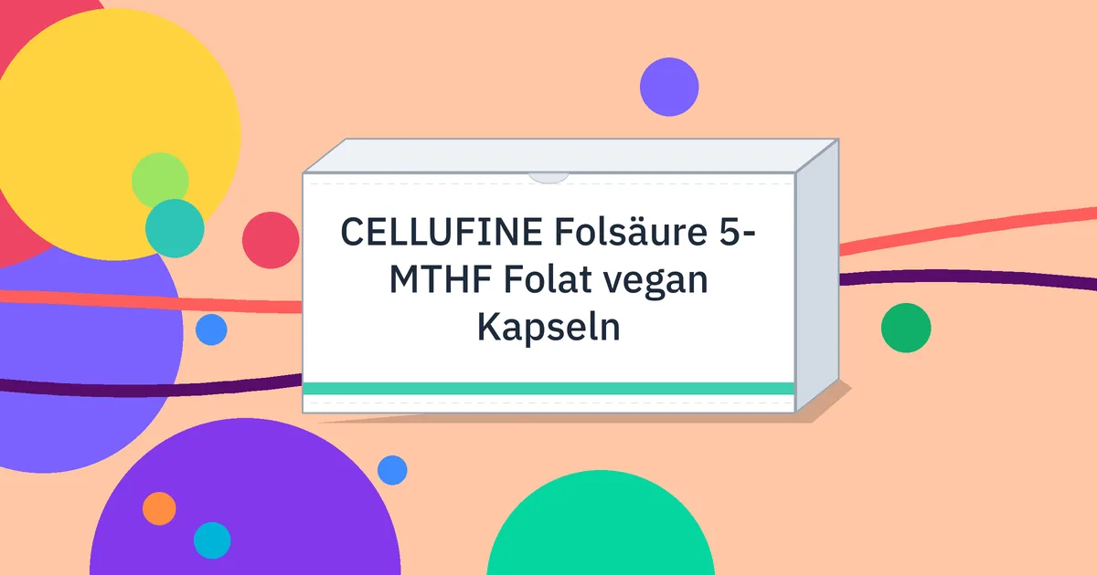 Symbolbild: Packung mit der Aufschrift CELLUFINE Folsäure 5-MTHF Folat vegan Kapseln (PZN 16927638) – Verfügbarkeit und Bezug in Apotheken in Frankfurt am Main