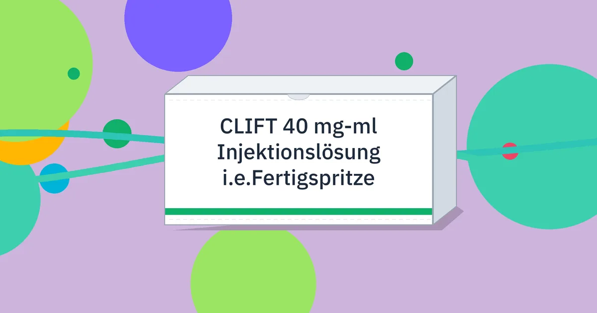 Symbolbild: Packung mit der Aufschrift CLIFT 40 mg-ml Injektionslösung i.e.Fertigspritze (PZN 20010644) – Verfügbarkeit und Bezug in Apotheken in Frankfurt am Main