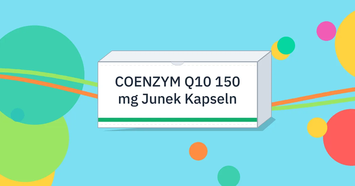 Symbolbild: Packung mit der Aufschrift COENZYM Q10 150 mg Junek Kapseln (PZN 09720090) – Verfügbarkeit und Bezug in Apotheken in Frankfurt am Main