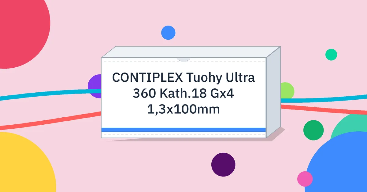 Symbolbild: Packung mit der Aufschrift CONTIPLEX Tuohy Ultra 360 Kath.18 Gx4 1,3x100mm (PZN 12471934) – Verfügbarkeit und Bezug in Apotheken in Frankfurt am Main