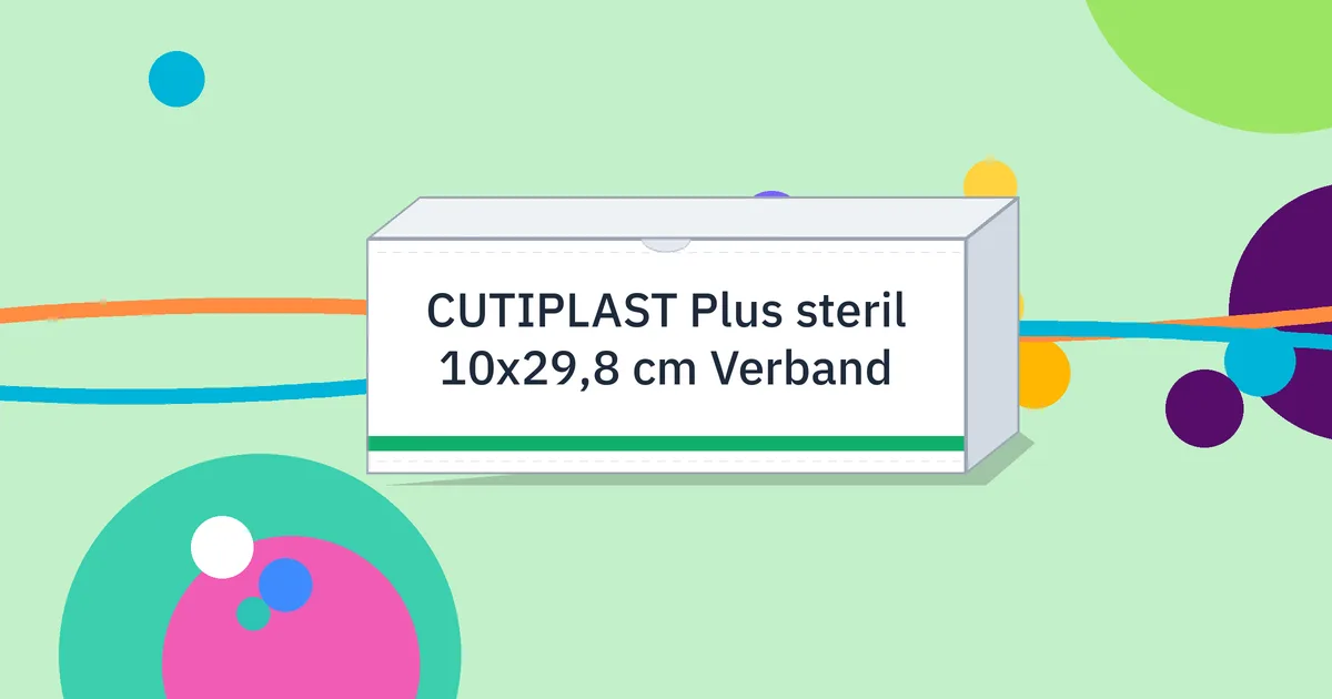 Symbolbild: Packung mit der Aufschrift CUTIPLAST Plus steril 10x29,8 cm Verband (PZN 09755728) – Verfügbarkeit und Bezug in Apotheken in Frankfurt am Main