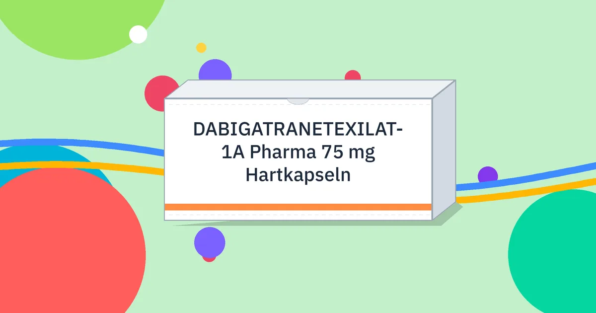Symbolbild: Packung mit der Aufschrift DABIGATRANETEXILAT-1A Pharma 75 mg Hartkapseln (PZN 18121224) – Verfügbarkeit und Bezug in Apotheken in Frankfurt am Main