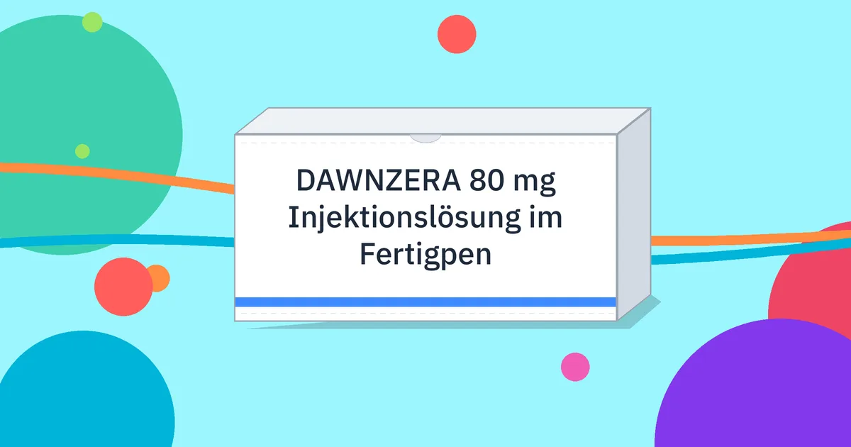 Symbolbild: Packung mit der Aufschrift DAWNZERA 80 mg Injektionslösung im Fertigpen (PZN 20279139) – Verfügbarkeit und Bezug in Apotheken in Frankfurt am Main