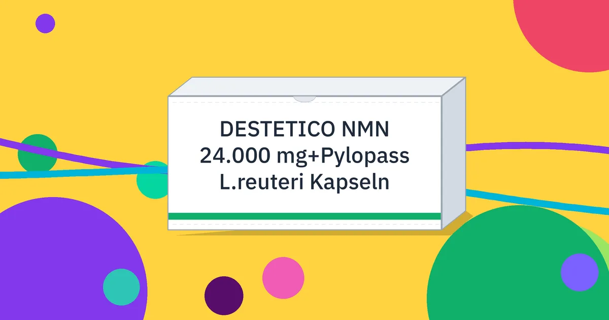 Symbolbild: Packung mit der Aufschrift DESTETICO NMN 24.000 mg+Pylopass L.reuteri Kapseln (PZN 19368524) – Verfügbarkeit und Bezug in Apotheken in Frankfurt am Main