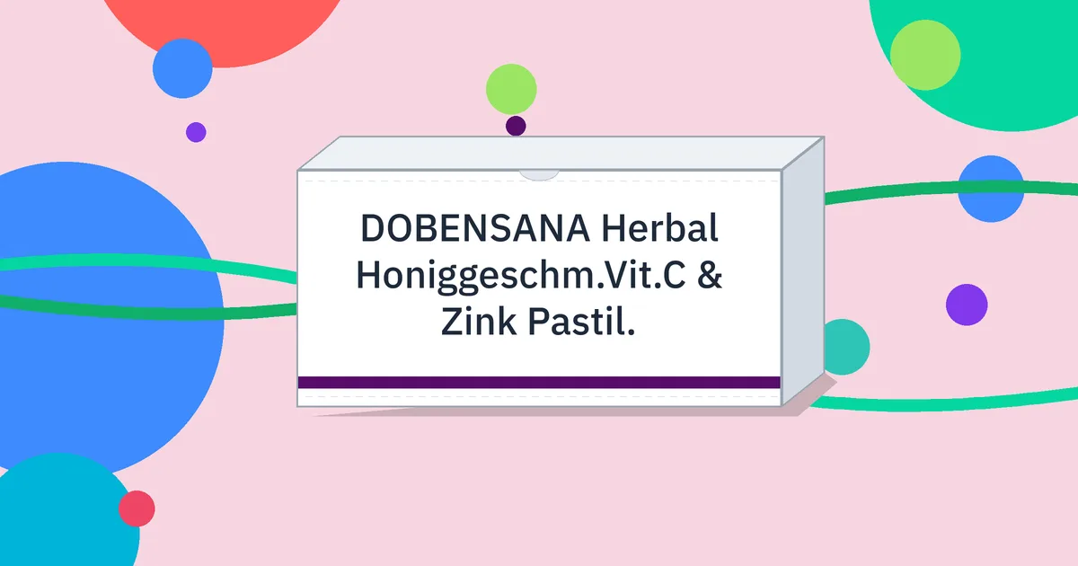 Symbolbild: Packung mit der Aufschrift DOBENSANA Herbal Honiggeschm.Vit.C & Zink Pastil. (PZN 17458039) – Verfügbarkeit und Bezug in Apotheken in Frankfurt am Main