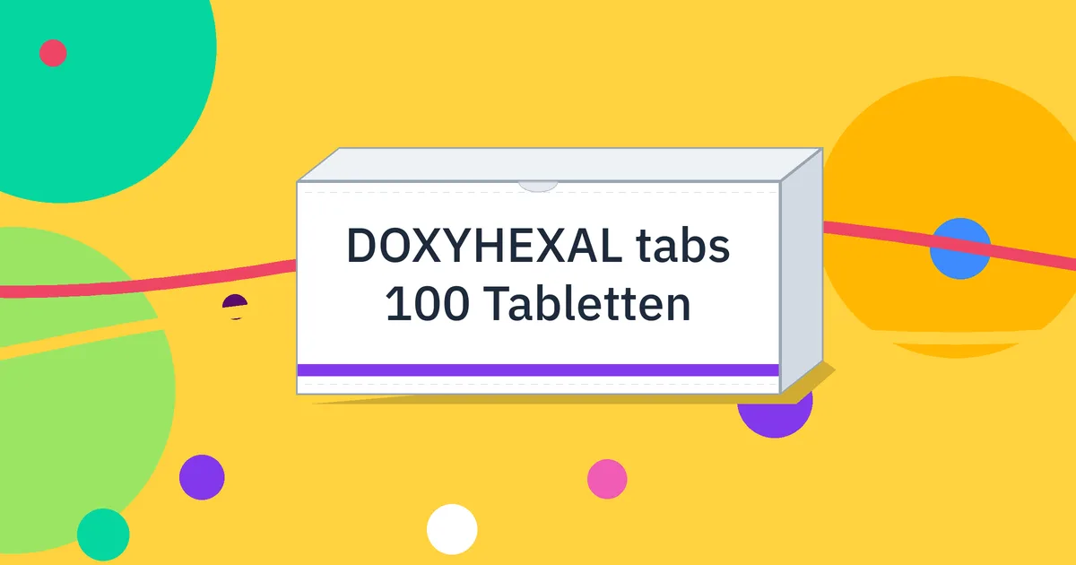 Symbolbild: Packung mit der Aufschrift DOXYHEXAL tabs 100 Tabletten (PZN 03103404) – Verfügbarkeit und Bezug in Apotheken in Frankfurt am Main