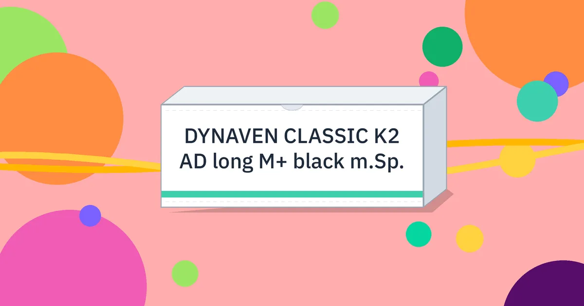 Symbolbild: Packung mit der Aufschrift DYNAVEN CLASSIC K2 AD long M+ black m.Sp. (PZN 18417769) – Verfügbarkeit und Bezug in Apotheken in Frankfurt am Main