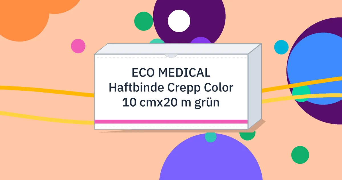 Symbolbild: Packung mit der Aufschrift ECO MEDICAL Haftbinde Crepp Color 10 cmx20 m grün (PZN 00747710) – Verfügbarkeit und Bezug in Apotheken in Frankfurt am Main