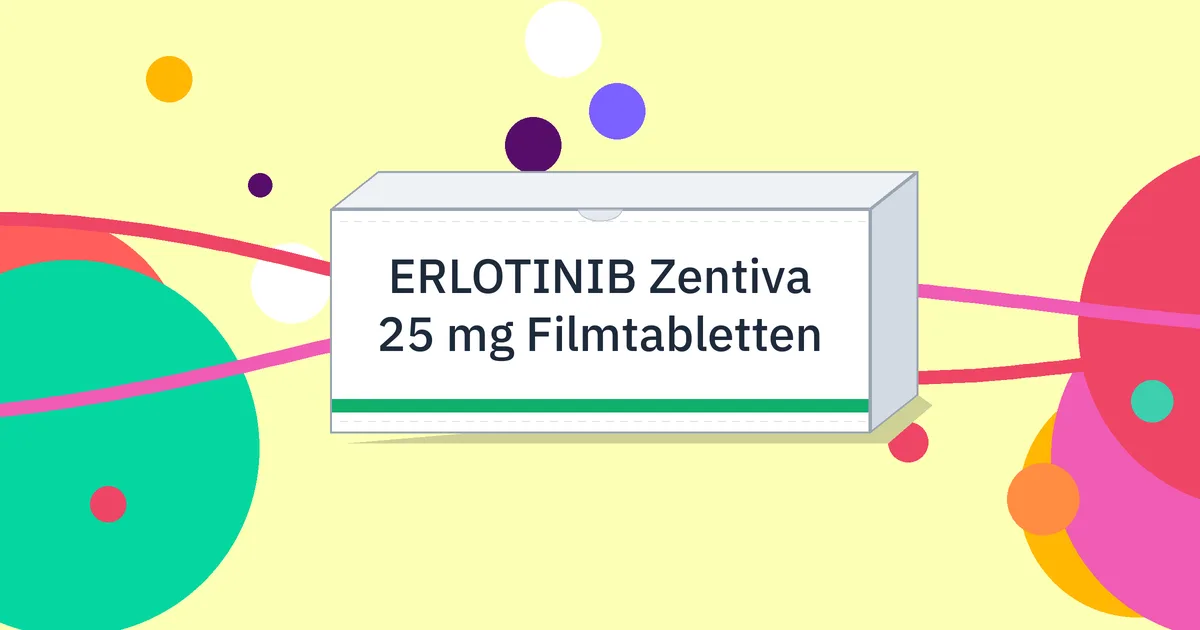 Symbolbild: Packung mit der Aufschrift ERLOTINIB Zentiva 25 mg Filmtabletten (PZN 16163945) – Verfügbarkeit und Bezug in Apotheken in Frankfurt am Main