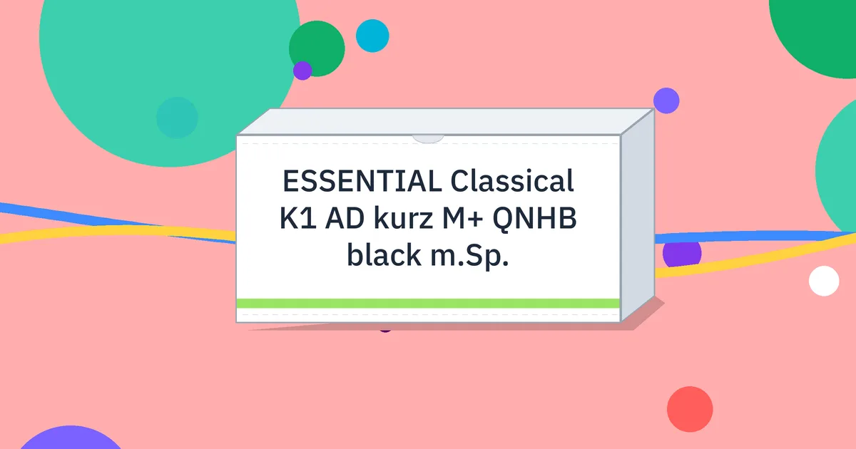 Symbolbild: Packung mit der Aufschrift ESSENTIAL Classical K1 AD kurz M+ QNHB black m.Sp. (PZN 18866763) – Verfügbarkeit und Bezug in Apotheken in Frankfurt am Main