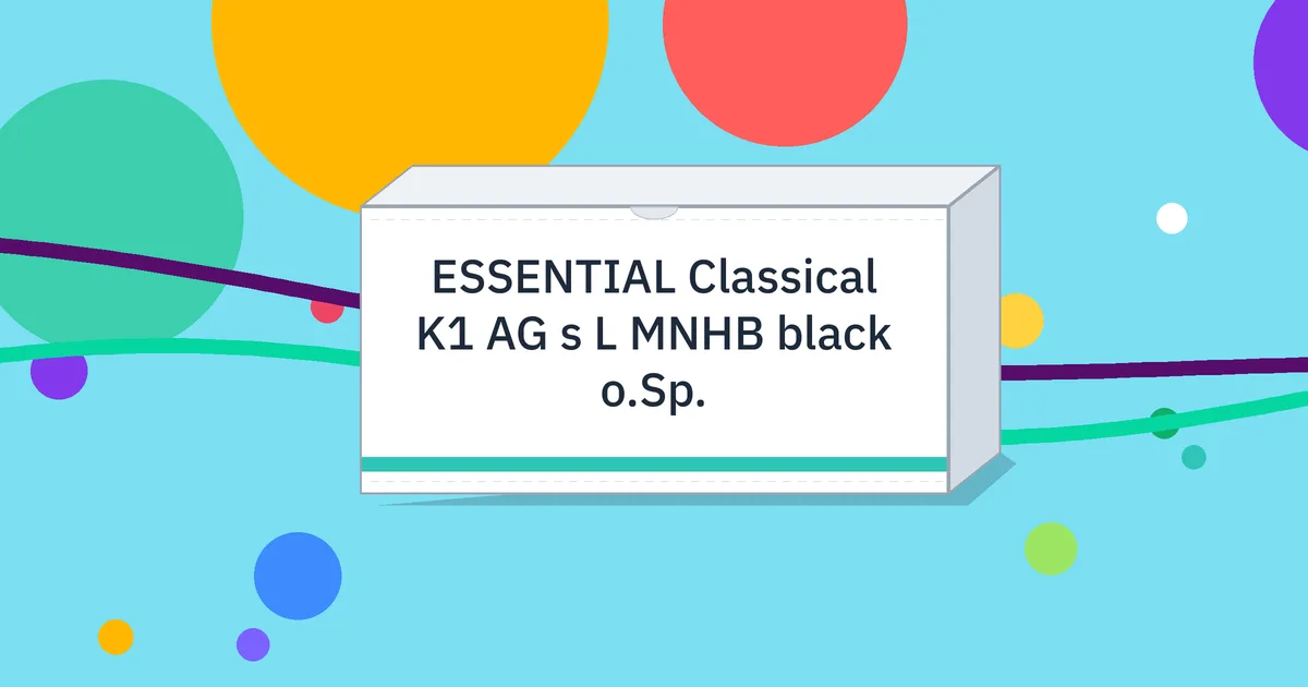Symbolbild: Packung mit der Aufschrift ESSENTIAL Classical K1 AG s L MNHB black o.Sp. (PZN 19321072) – Verfügbarkeit und Bezug in Apotheken in Frankfurt am Main