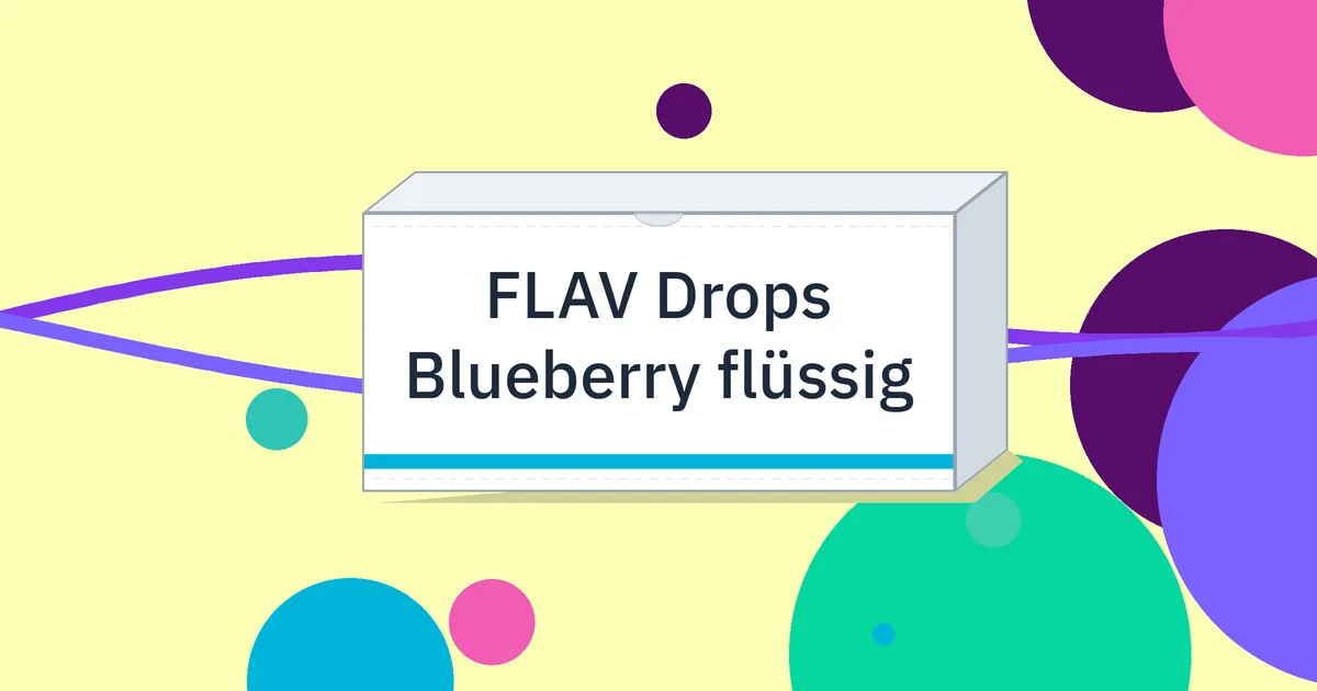Symbolbild: Packung mit der Aufschrift FLAV Drops Blueberry flüssig (PZN 13229336) – Verfügbarkeit und Bezug in Apotheken in Frankfurt am Main
