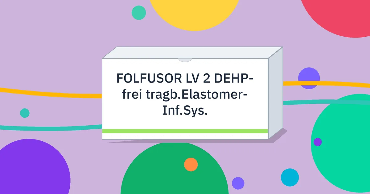 Symbolbild: Packung mit der Aufschrift FOLFUSOR LV 2 DEHP-frei tragb.Elastomer-Inf.Sys. (PZN 09717509) – Verfügbarkeit und Bezug in Apotheken in Frankfurt am Main