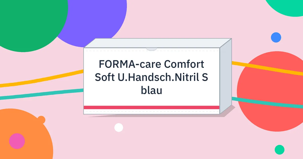 Symbolbild: Packung mit der Aufschrift FORMA-care Comfort Soft U.Handsch.Nitril S blau (PZN 11642629) – Verfügbarkeit und Bezug in Apotheken in Frankfurt am Main