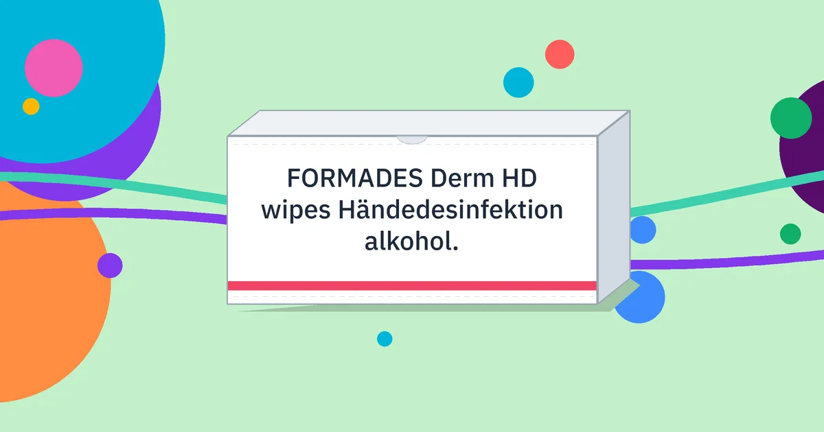 Symbolbild: Packung mit der Aufschrift FORMADES Derm HD wipes Händedesinfektion alkohol. (PZN 19385505) – Verfügbarkeit und Bezug in Apotheken in Frankfurt am Main