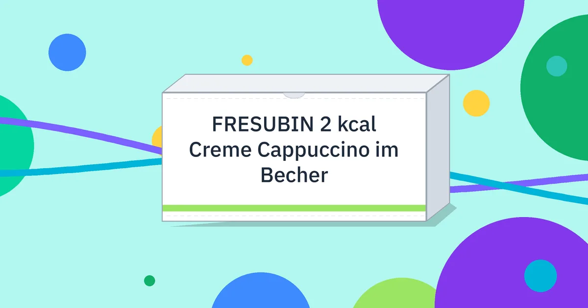 Symbolbild: Packung mit der Aufschrift FRESUBIN 2 kcal Creme Cappuccino im Becher (PZN 19750749) – Verfügbarkeit und Bezug in Apotheken in Frankfurt am Main