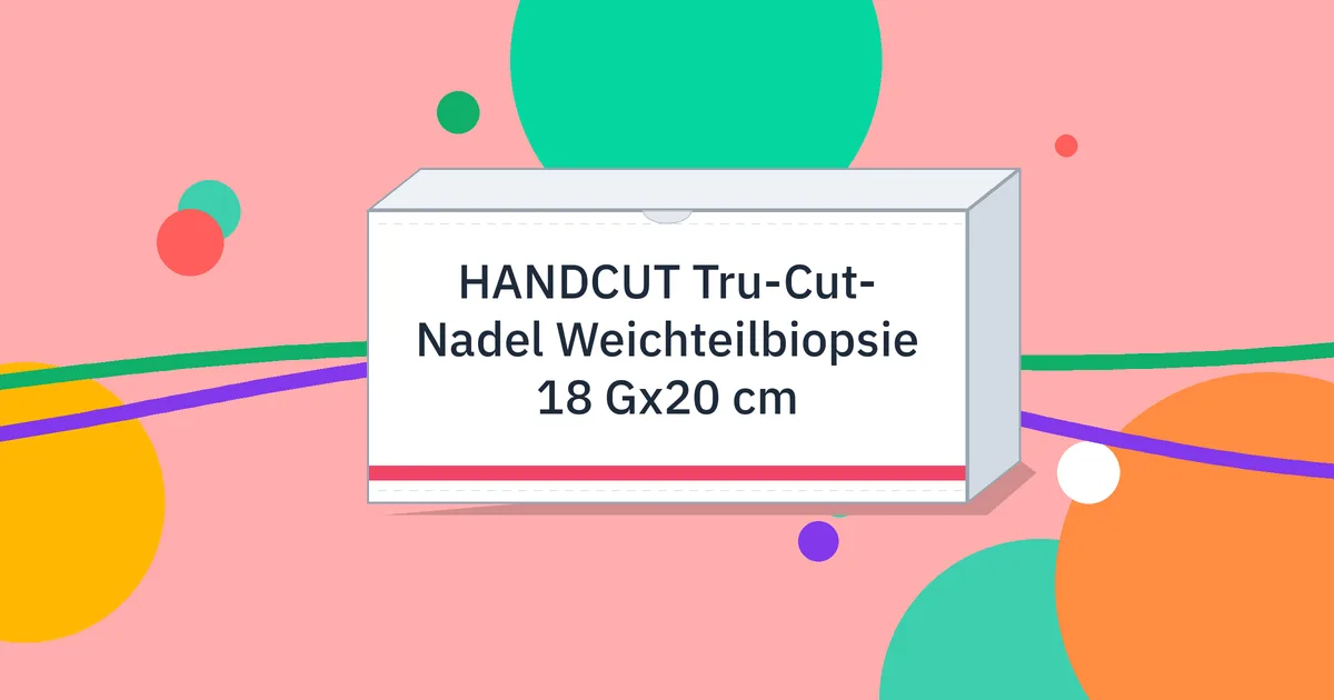 Symbolbild: Packung mit der Aufschrift HANDCUT Tru-Cut-Nadel Weichteilbiopsie 18 Gx20 cm (PZN 19736502) – Verfügbarkeit und Bezug in Apotheken in Frankfurt am Main