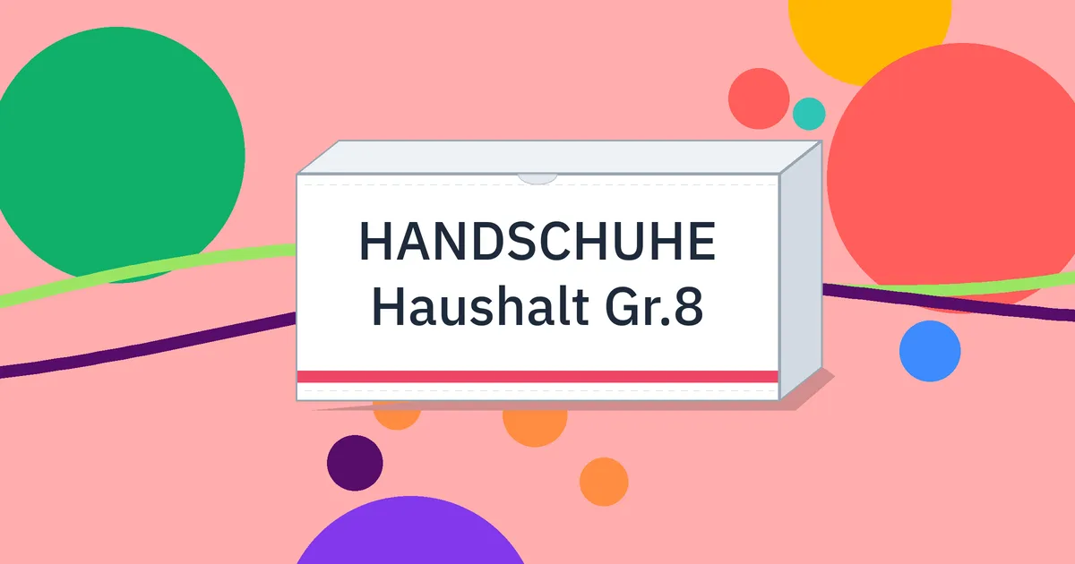 Symbolbild: Packung mit der Aufschrift HANDSCHUHE Haushalt Gr.8 (PZN 01728057) – Verfügbarkeit und Bezug in Apotheken in Frankfurt am Main