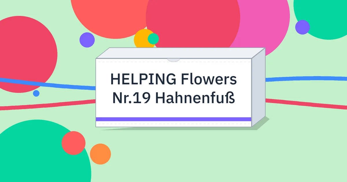Symbolbild: Packung mit der Aufschrift HELPING Flowers Nr.19 Hahnenfuß (PZN 12499789) – Verfügbarkeit und Bezug in Apotheken in Frankfurt am Main