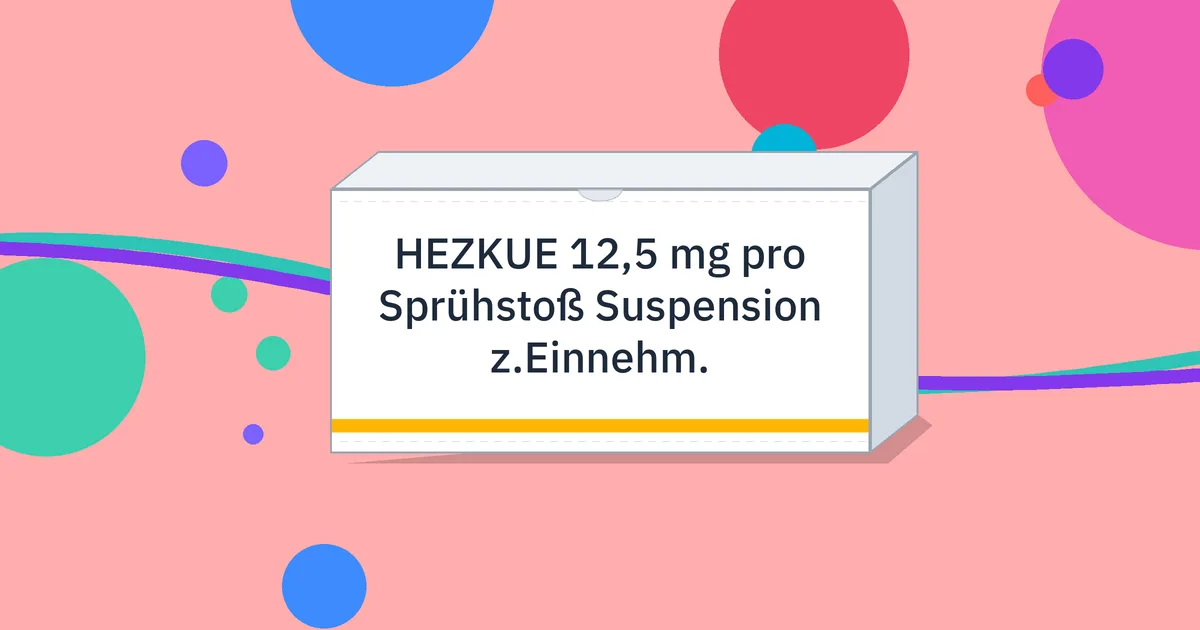 Symbolbild: Packung mit der Aufschrift HEZKUE 12,5 mg pro Sprühstoß Suspension z.Einnehm. (PZN 19456702) – Verfügbarkeit und Bezug in Apotheken in Frankfurt am Main