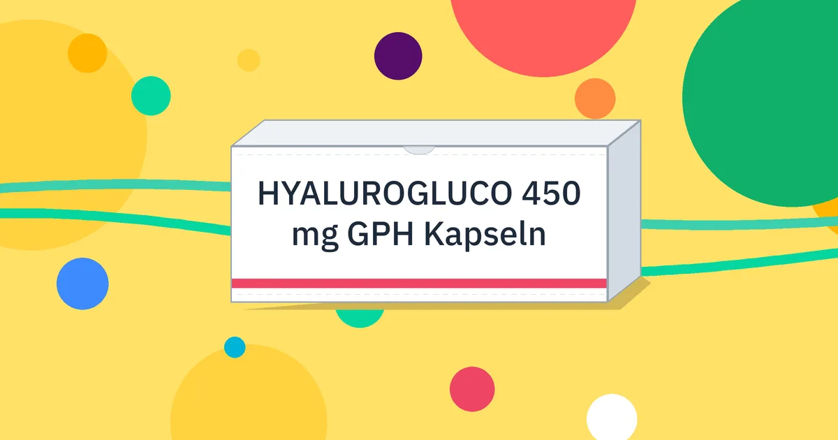 Symbolbild: Packung mit der Aufschrift HYALUROGLUCO 450 mg GPH Kapseln (PZN 01160349) – Verfügbarkeit und Bezug in Apotheken in Frankfurt am Main
