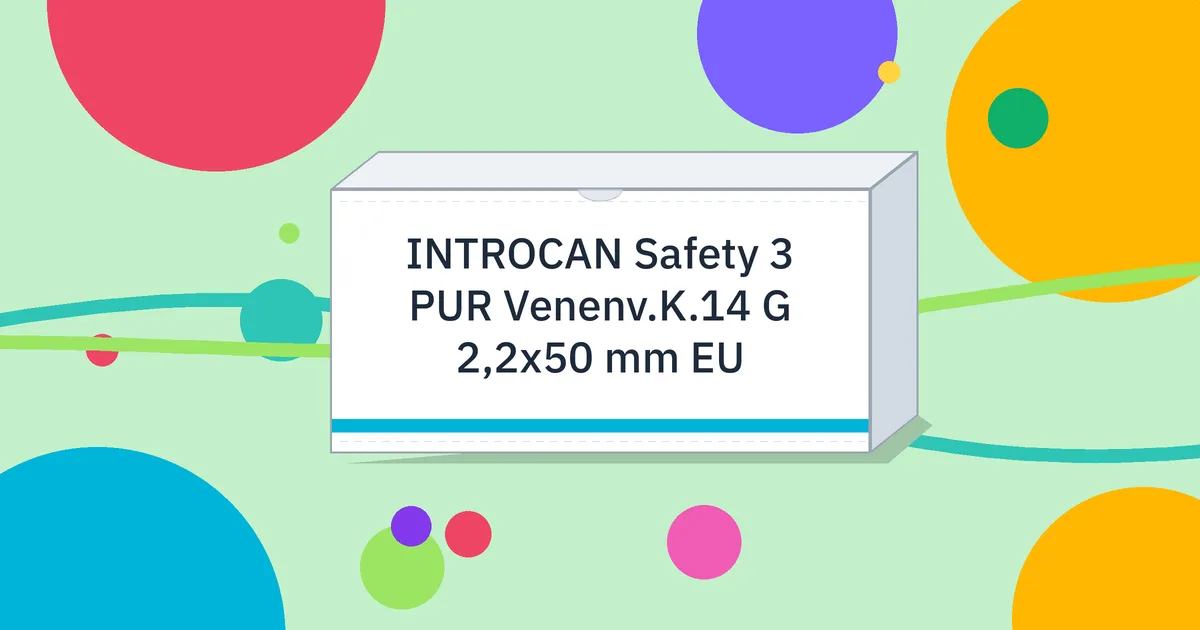 Symbolbild: Packung mit der Aufschrift INTROCAN Safety 3 PUR Venenv.K.14 G 2,2x50 mm EU (PZN 20344983) – Verfügbarkeit und Bezug in Apotheken in Frankfurt am Main