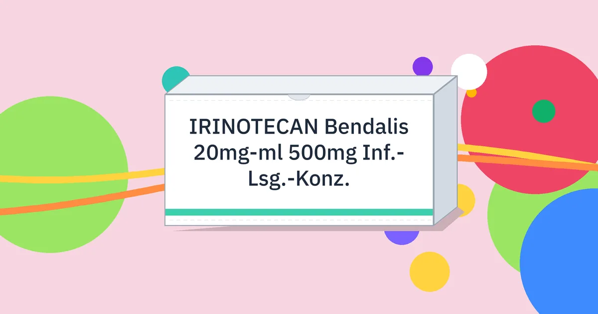 Symbolbild: Packung mit der Aufschrift IRINOTECAN Bendalis 20mg-ml 500mg Inf.-Lsg.-Konz. (PZN 09203035) – Verfügbarkeit und Bezug in Apotheken in Frankfurt am Main