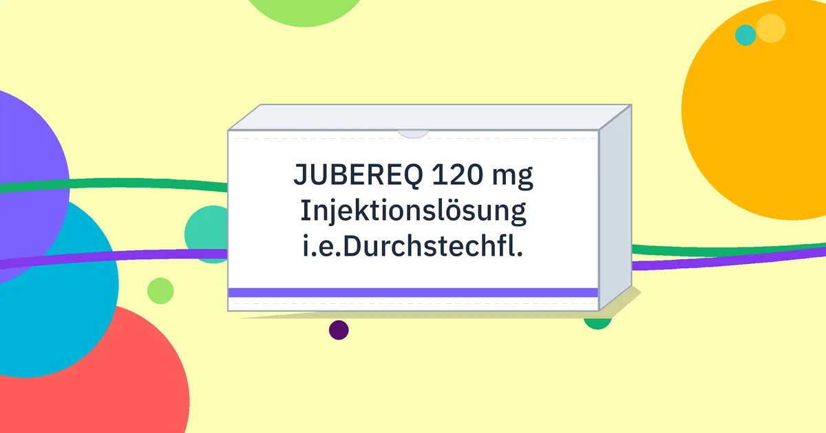 Symbolbild: Packung mit der Aufschrift JUBEREQ 120 mg Injektionslösung i.e.Durchstechfl. (PZN 20403697) – Verfügbarkeit und Bezug in Apotheken in Frankfurt am Main